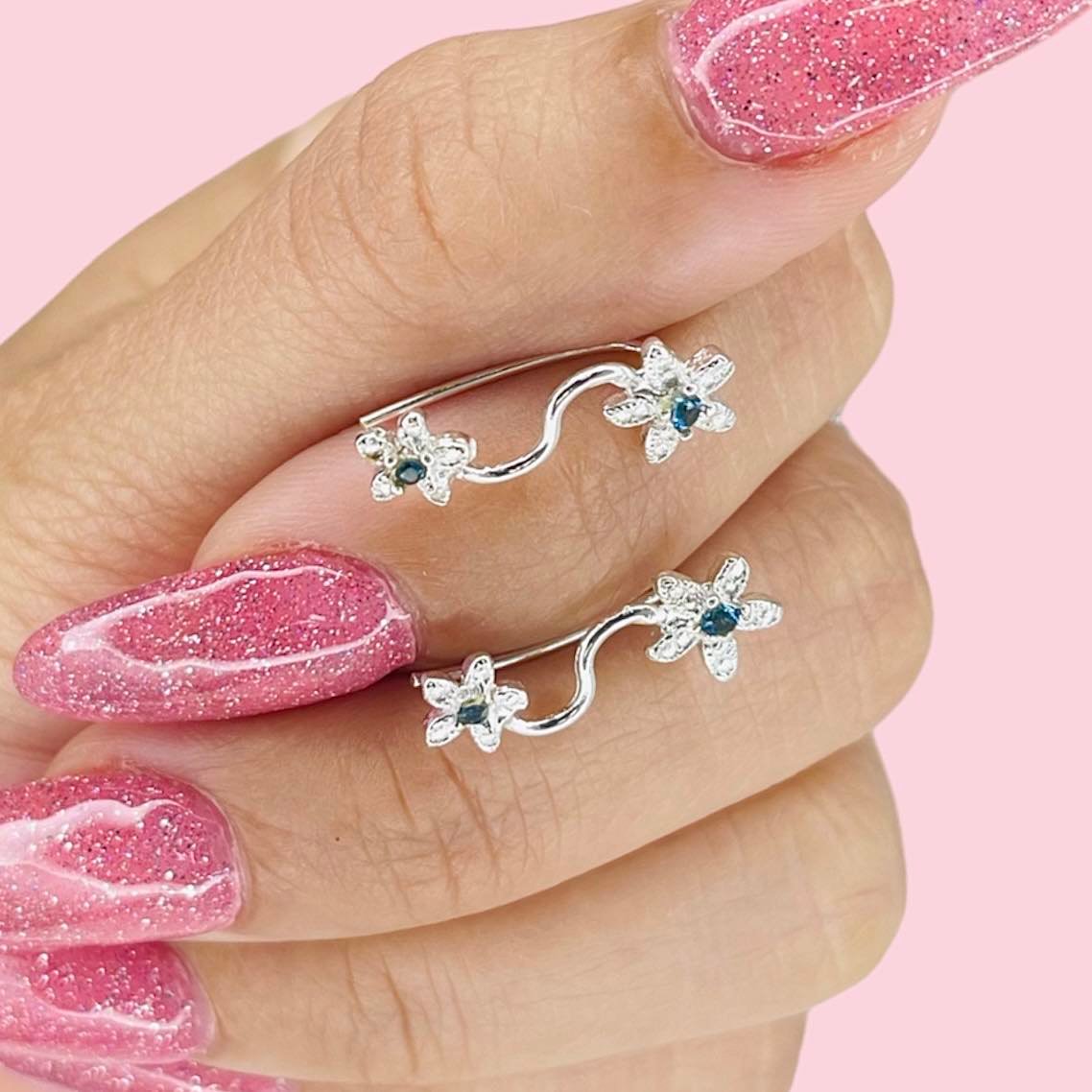 Aros trepadores de flores con cubic Celeste plata 925