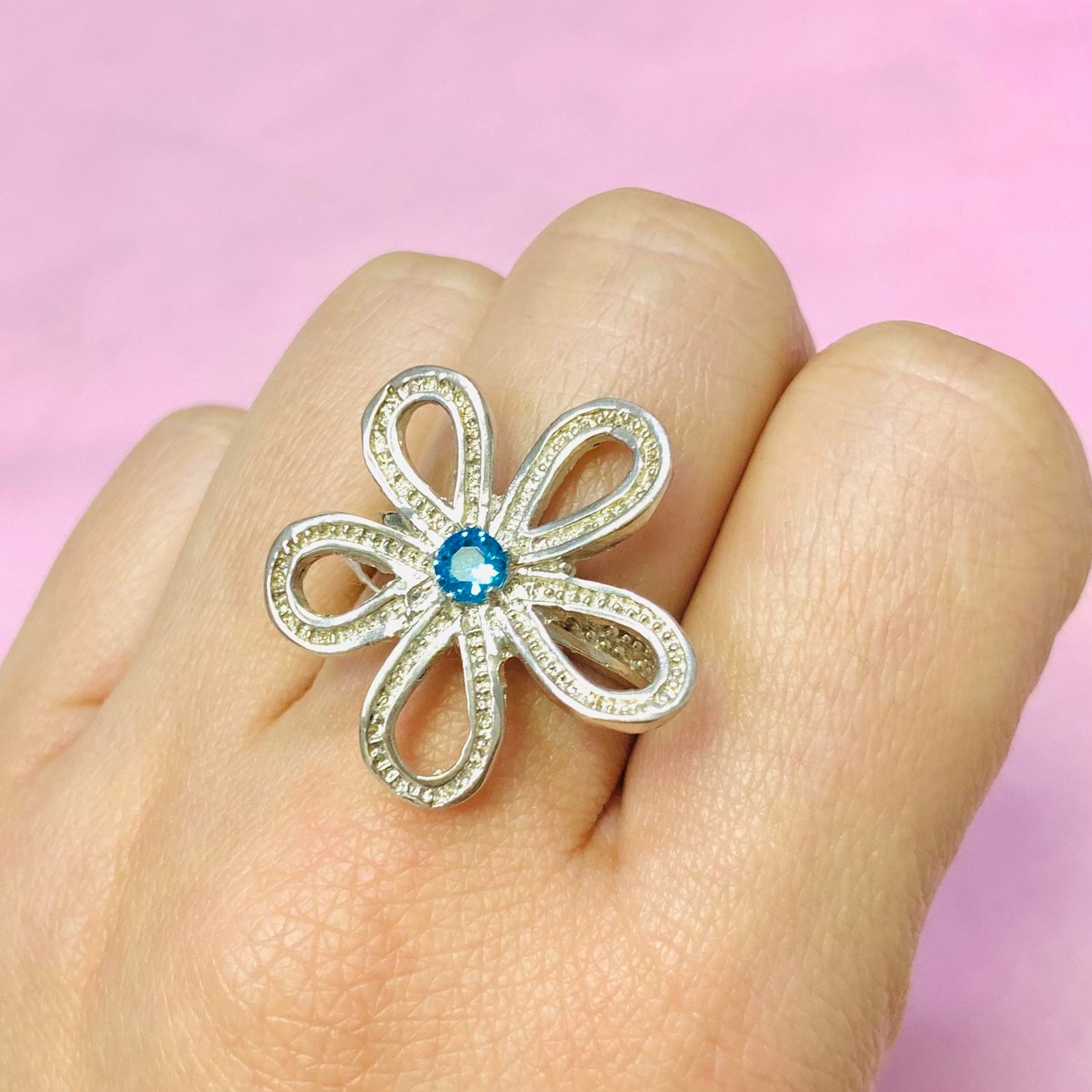 Anillo Flor Grande Agua Marina 4mm Plata y Oro