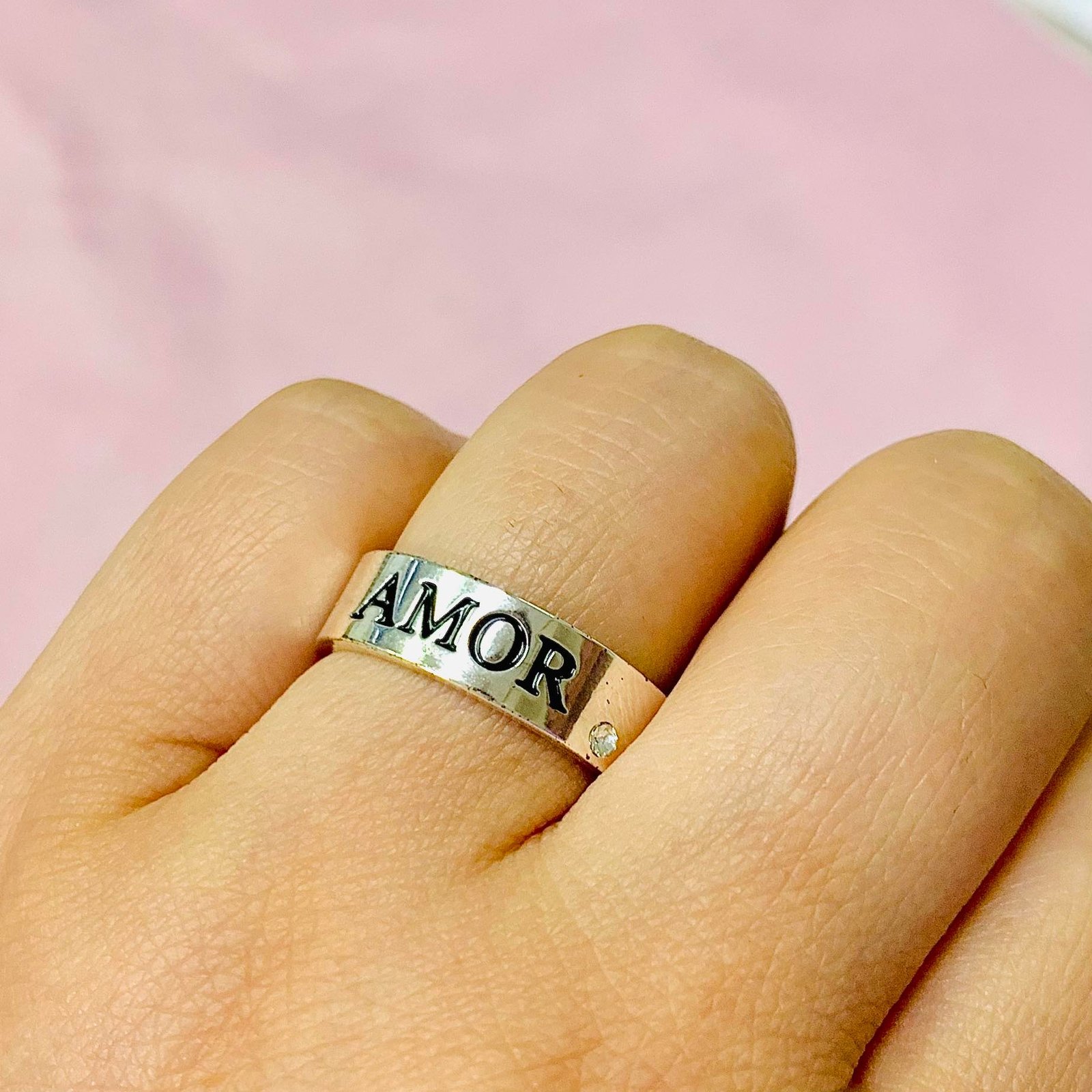Anillo Frase Amor con piedra Blanca de Acero Blanco